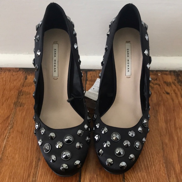 Zara | Shoes | Nwt Embellished Black Satin Zara Womens Pumps 38 | Poshmark
